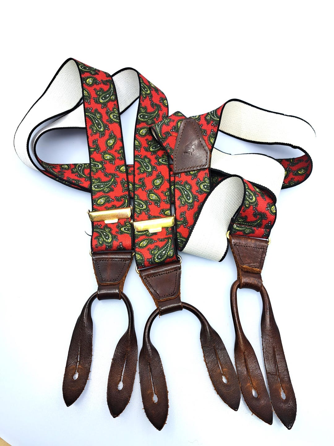Vintage Suspenders Red/brown Paisley, Leather Buttonholes, Men's ...