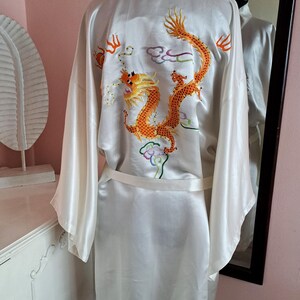 Vintage Hand Embroidered Dragon Robe Golden Dragon Chinese White Silk ...
