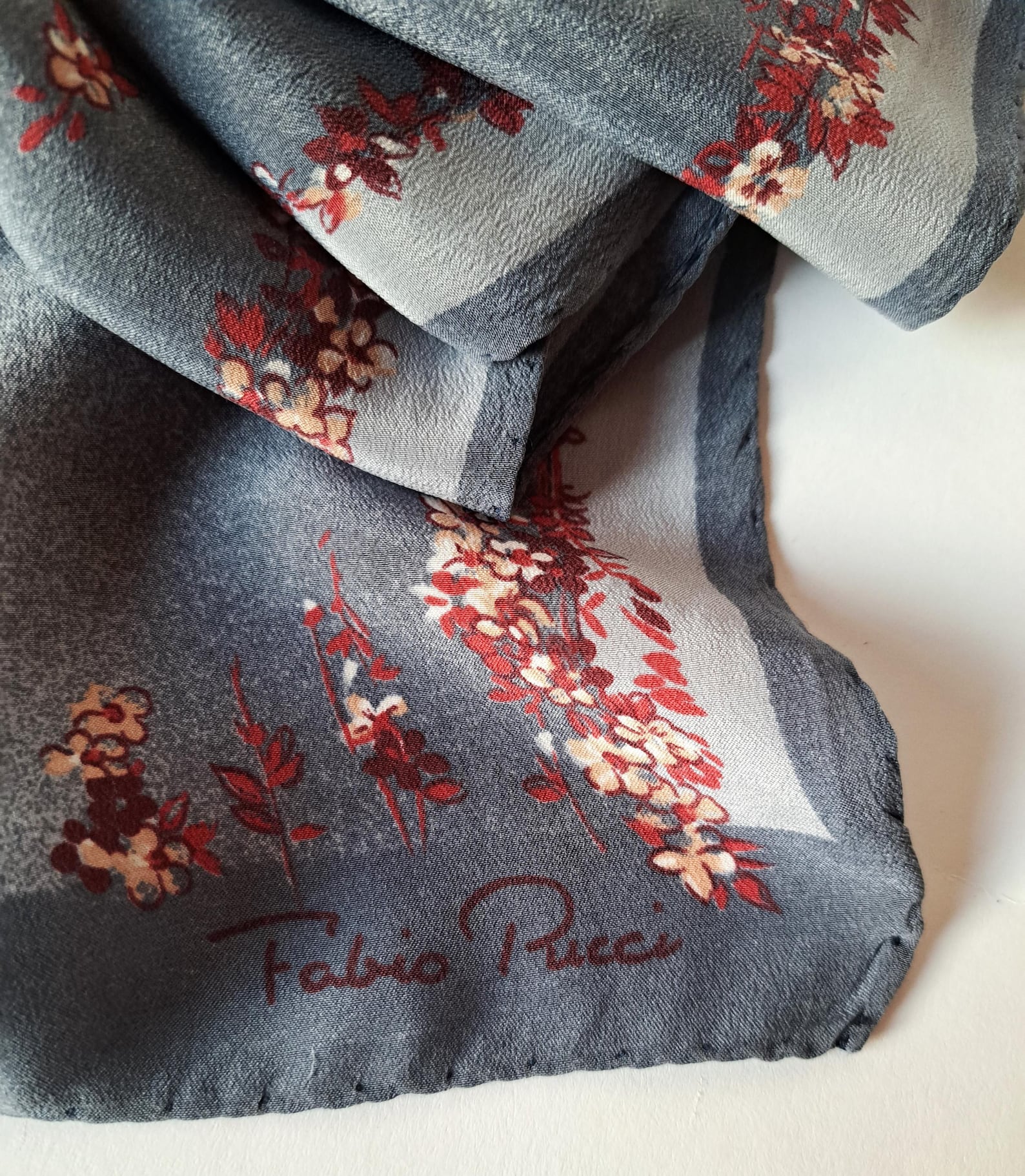 Vintage Silk Scarf Fabio Pucci Gray Burgundy Beige Floral Design Oblong ...