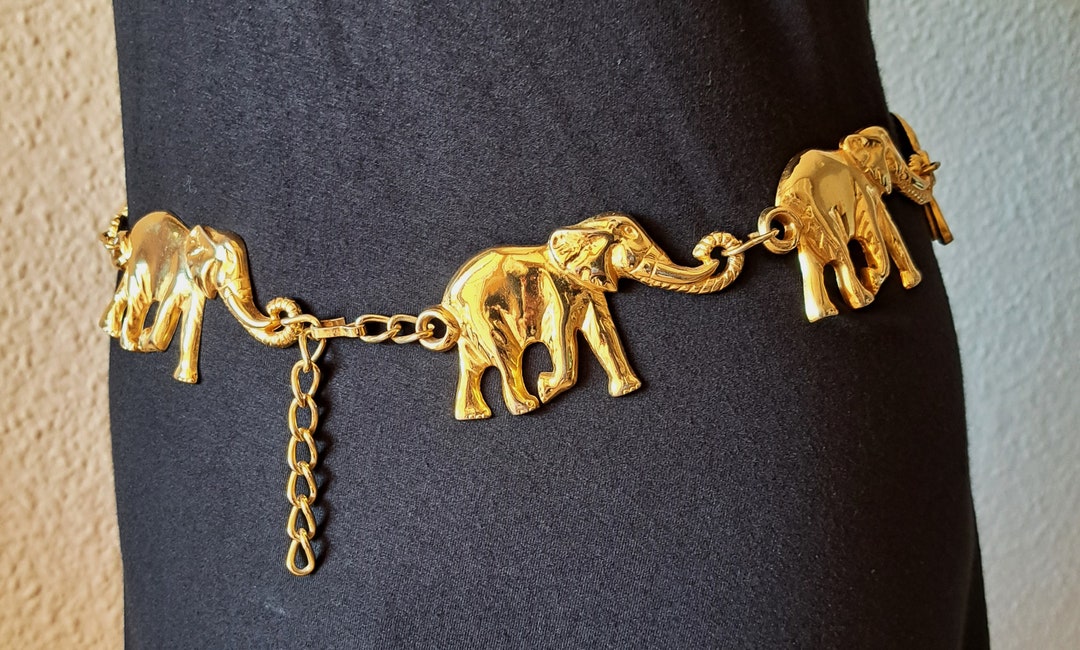 90s Vintage Gold Elephant Metallic Belt Gold Chain Belt With Elephants ...