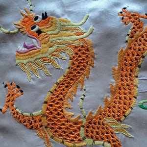 Vintage Hand Embroidered Dragon Robe Golden Dragon Chinese White Silk ...