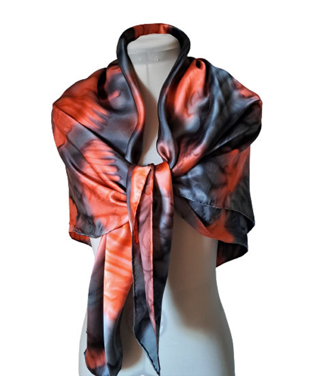 Vintage Large Silk Scarf Byl, Splashes of Gray Coral Red Square Satin ...