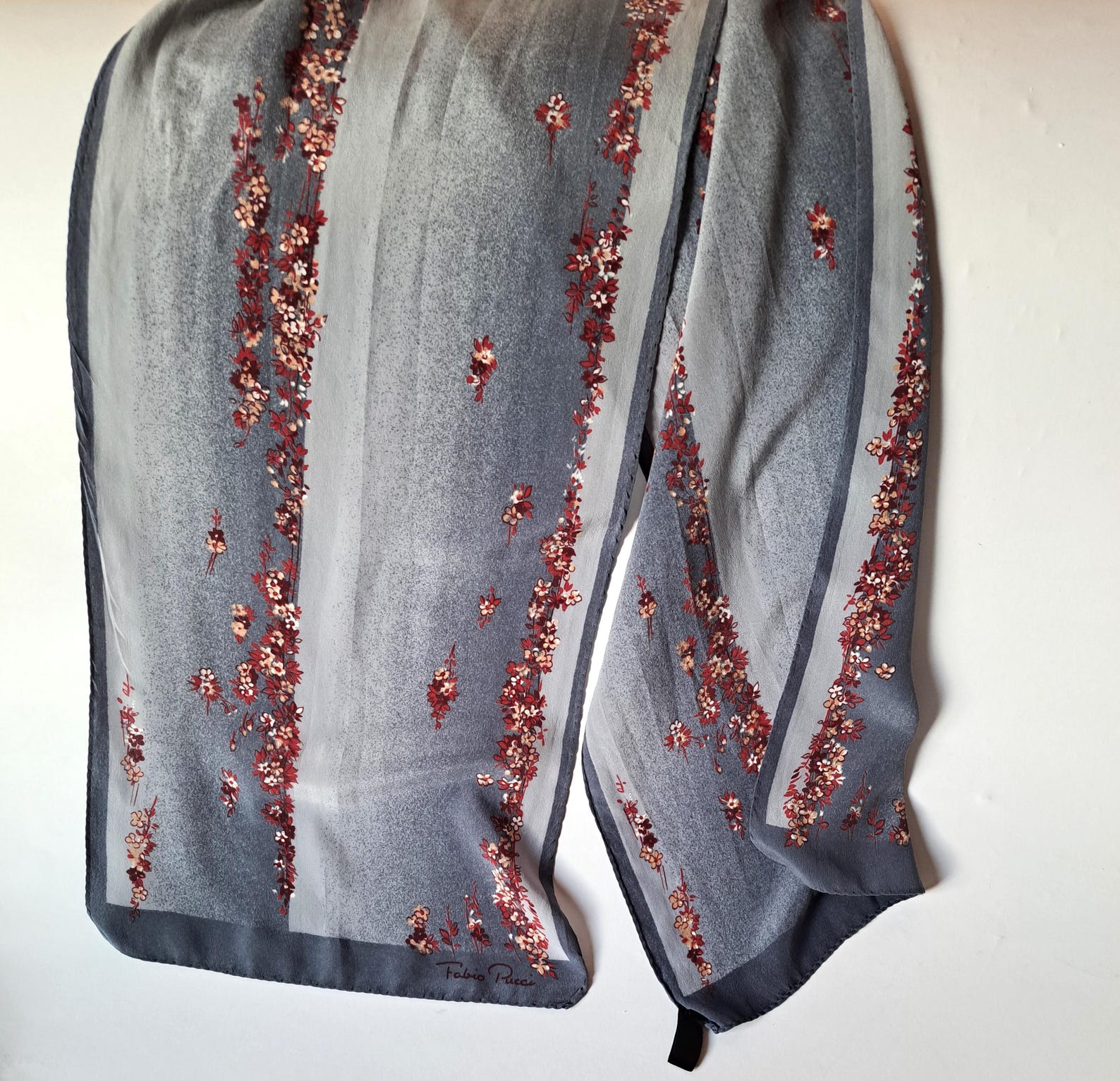 Vintage Silk Scarf Fabio Pucci Gray Burgundy Beige Floral Design Oblong ...