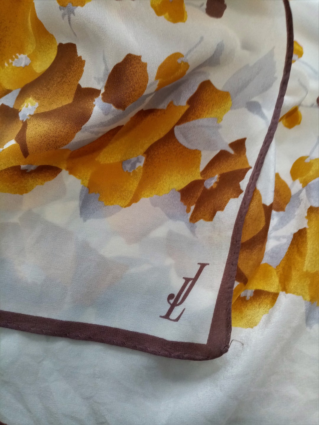 Jammers & Leufgen JL Silk Scarf, Brown Yellow Floral Printed Scarf ...