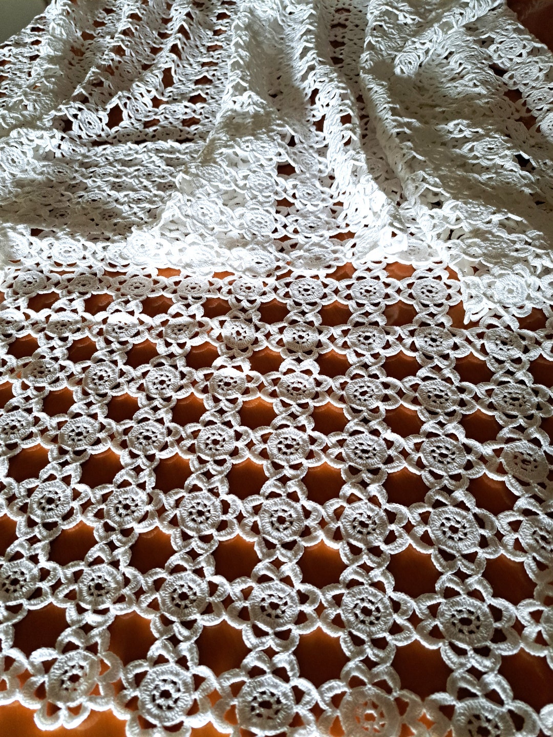 Vintage Two Hand Crochet Tablecloths, White Crocheted Tablecloths, Large and Small Rectangular ...