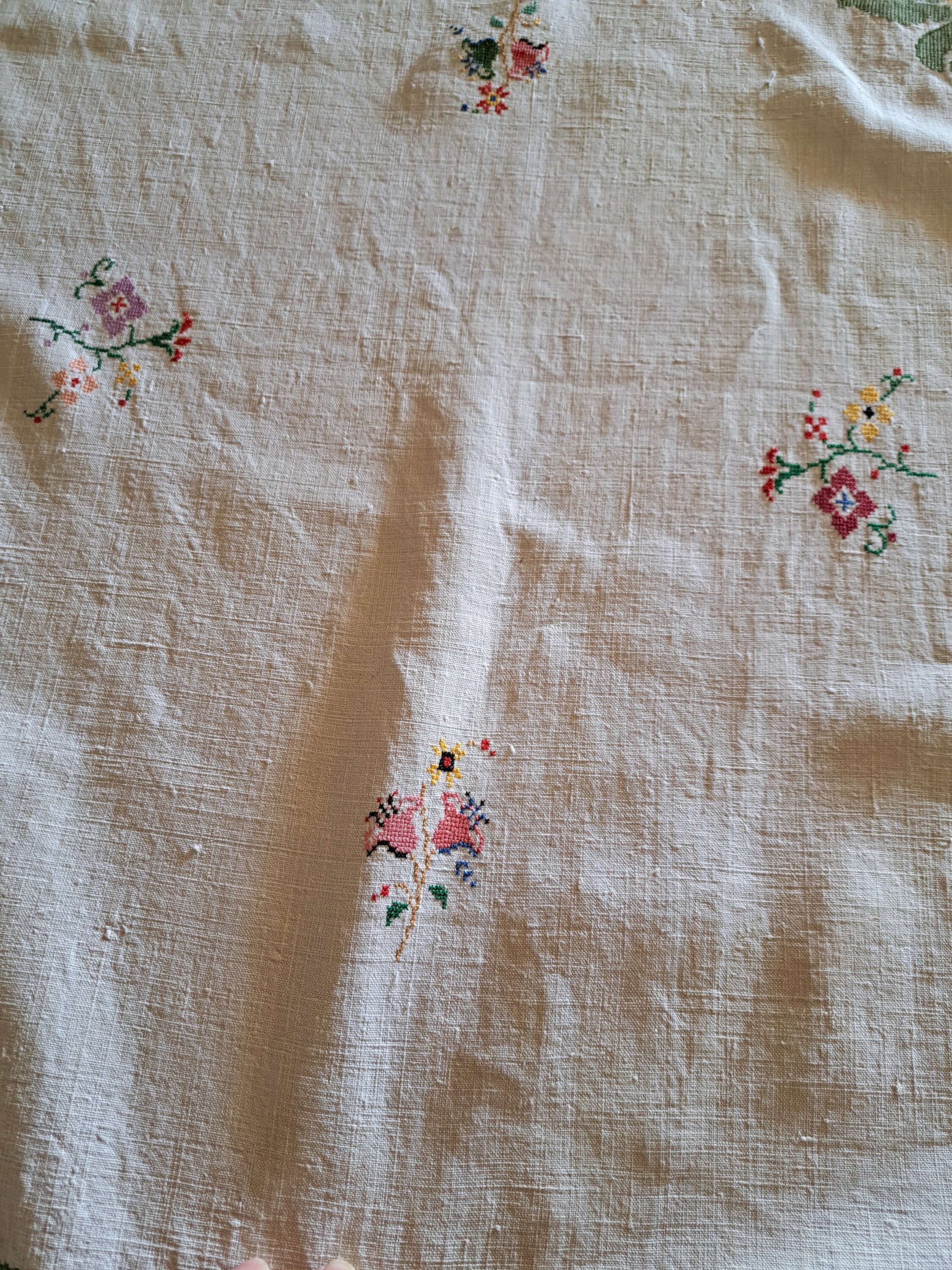 Antique Hand Embroidered Linen Tablecloth: Floral Cross Stitch ...