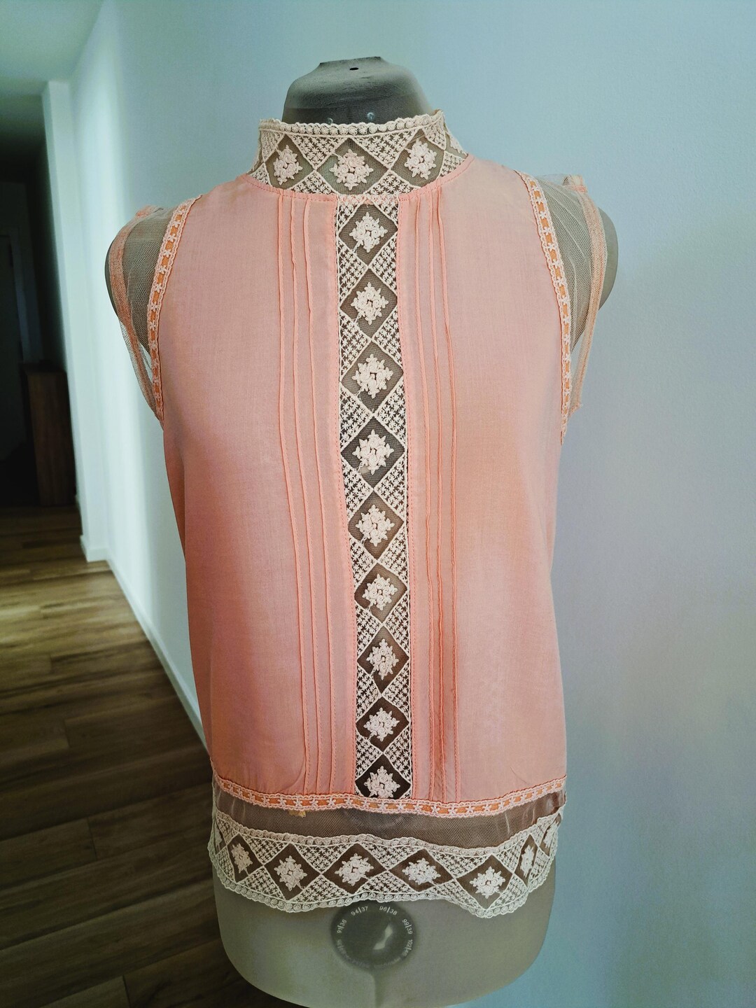 Vintage 1960s Blouse, Embroidered Mesh Lace Trim, Sleeveless Peachtop ...
