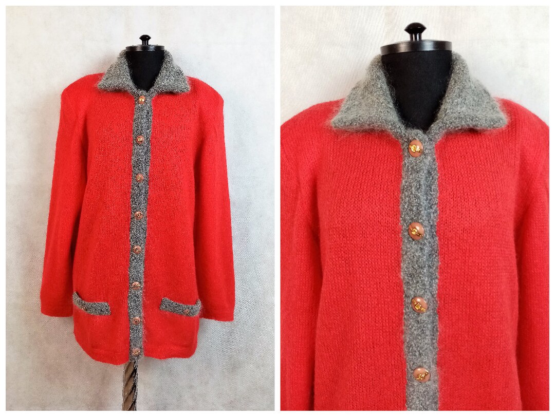 Vintage La Perla Cardigan, Mohair Blend Knit Cardigan, Red and Knit ...