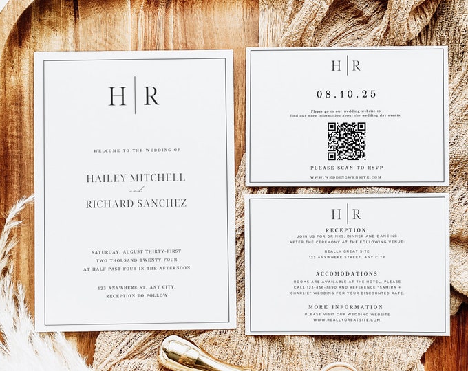 Monogram Wedding Invitations and QR Code, Invite Suite Template, QR ...