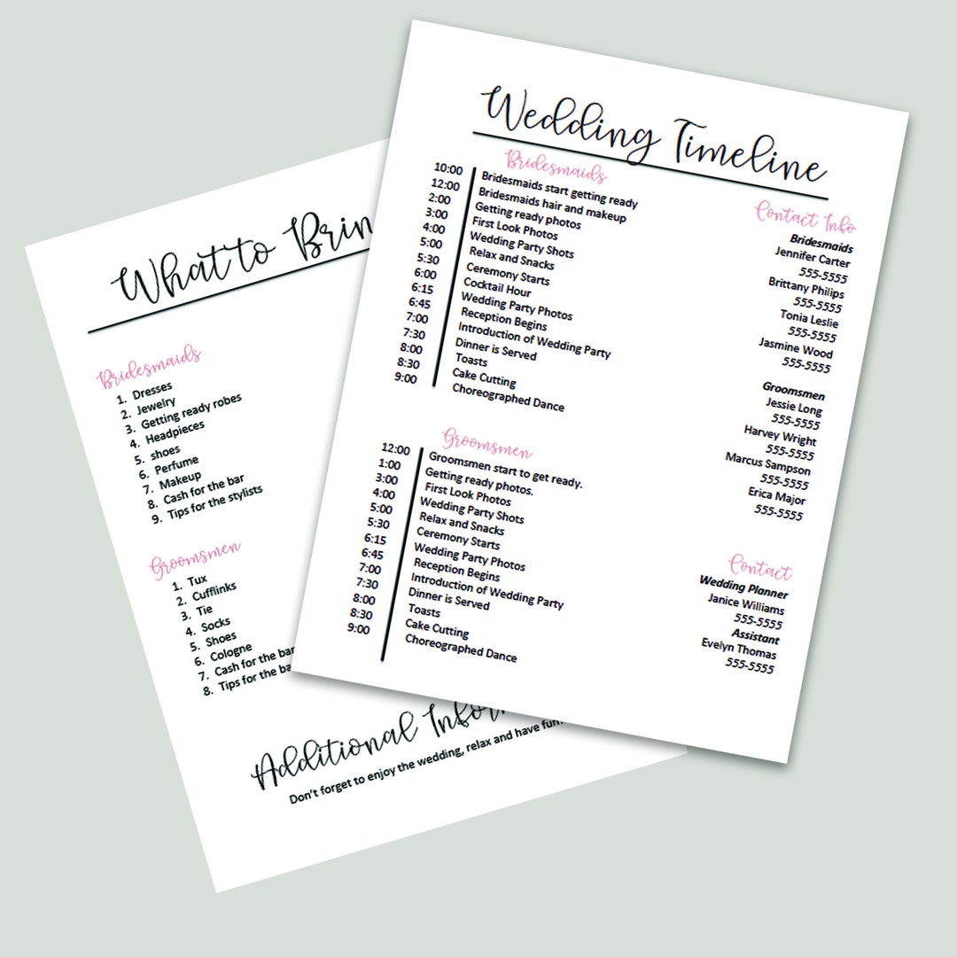 Minimalist Editable Wedding Timeline | Wedding Day Schedule for Bridal ...