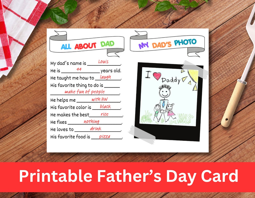 Editable Fathers Day Card, All About My Dad Printable Card, Kids ...