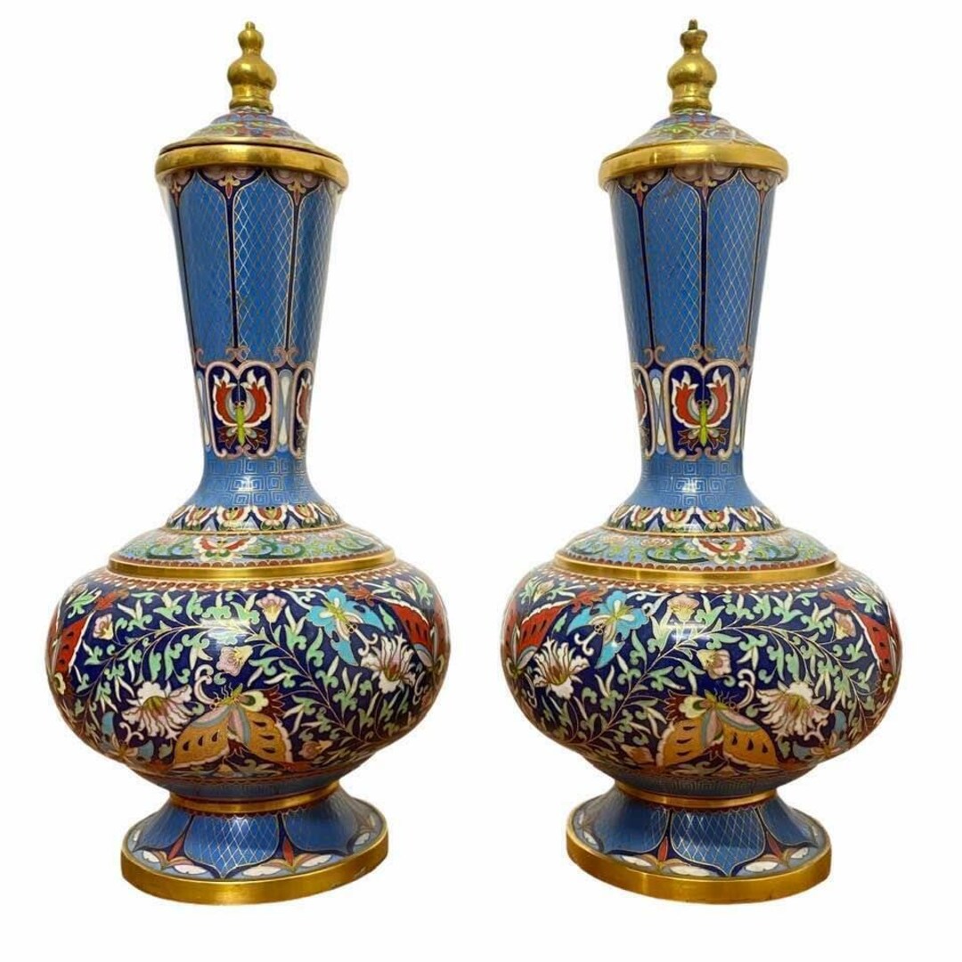 Antique Chinese Pair of Bronze Light Blue Cloisonne Enamel Floral ...