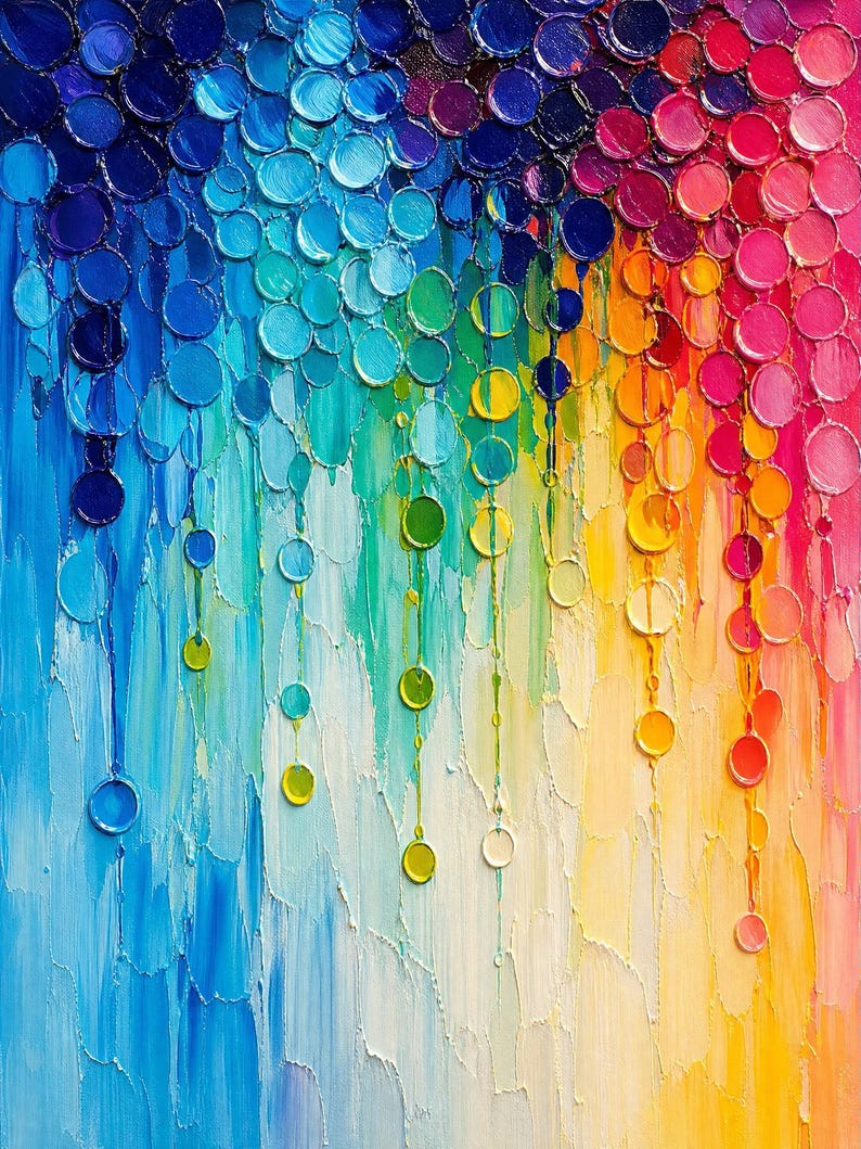 100% Hand Painted | Colorful Abstract Rainbow Raindrop Oil Painting ...