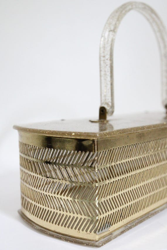 Vintage 1950's Gold Glitter Lucite Box Bag Vintage 19… - Gem