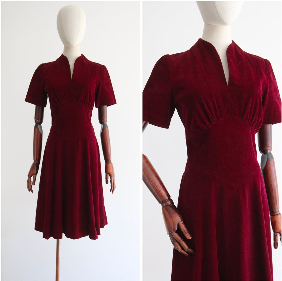 Vintage 1940's Burgundy Corduroy Dress UK 8 US 4 Original 1940s Dress ...