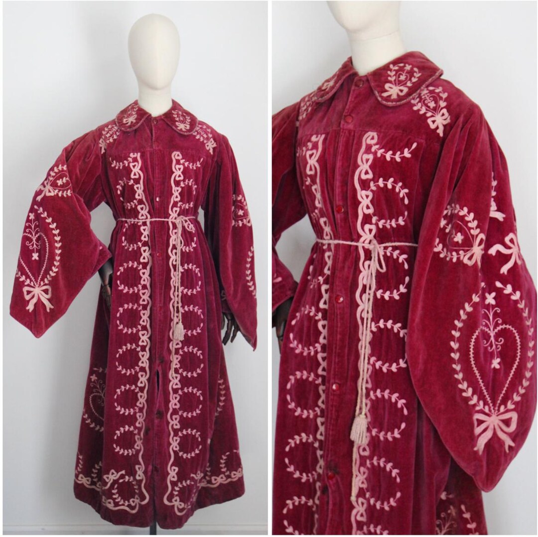 Victorian Raspberry Velvet Embroidered Coat Antique Velvet Bow and ...