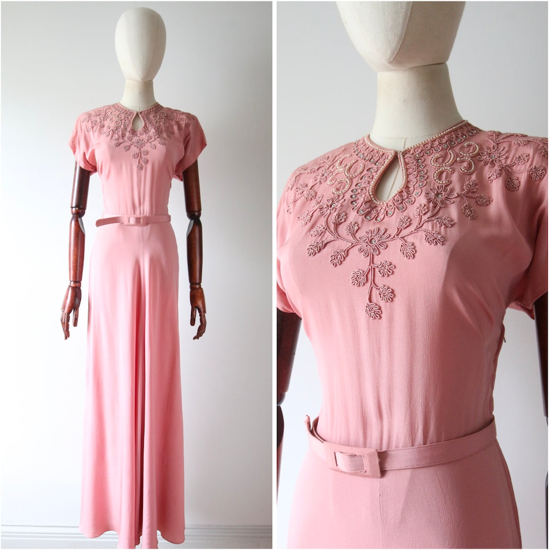 Vintage 1940's Pink Silk Dress Pearl and Rhinestone Embellished Pink ...