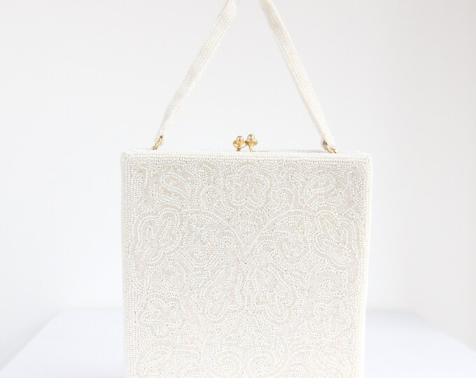 Vintage 1950's White & Iridescent Floral Beaded Box Bag Original 1950s ...