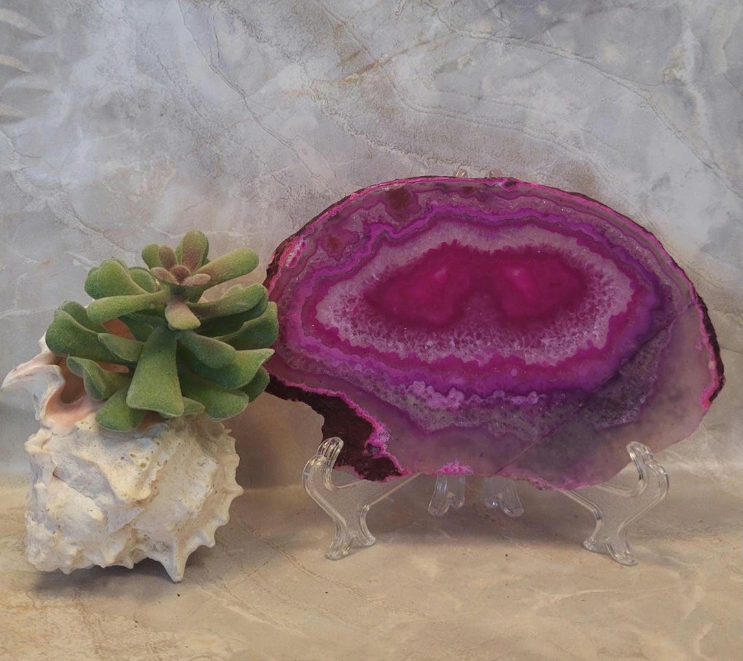 Pink Dyed Agate Slab Slice With Stand Beachy Home Decor Nature Crystals ...