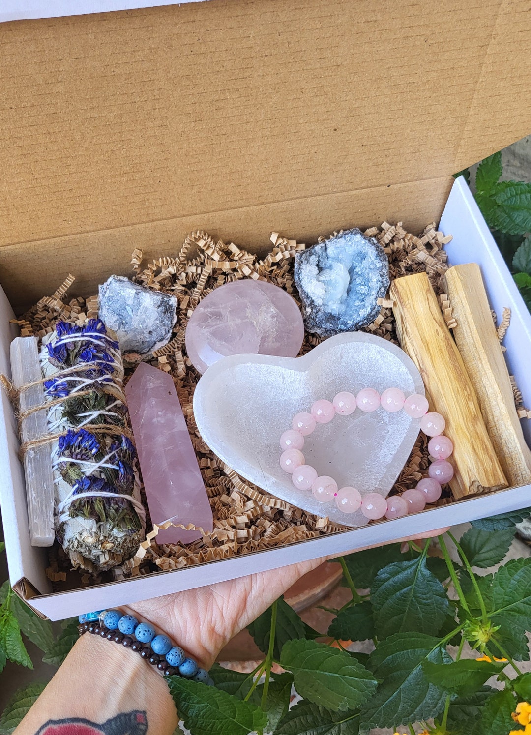 Self Love Crystal Box Selenite Heart Dish White Sage Rose Quartz Palo ...