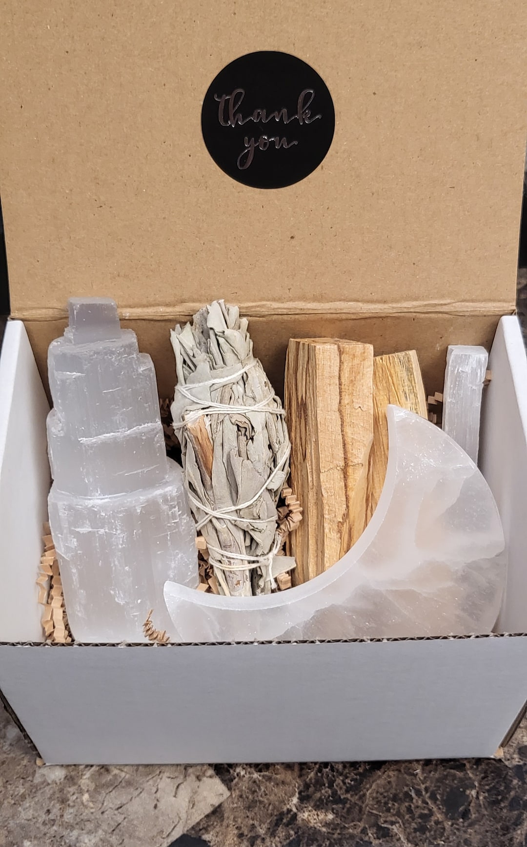 Selenite Sage Bundle Intention Box Set Gift Box Crystals Witchy Moon Palo Santo Smudge Sticks ...