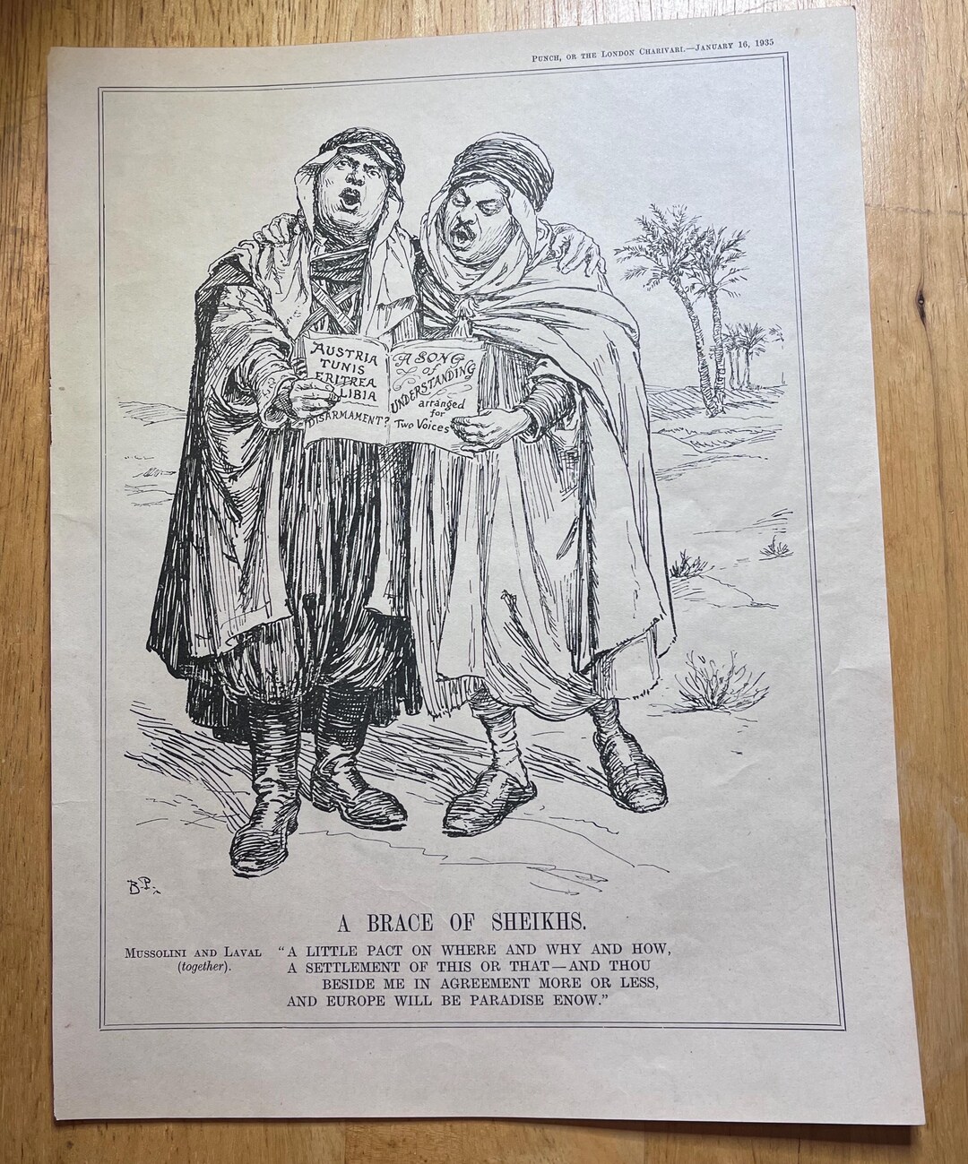 Original 1935 WWII British Political Cartoon Satire Mussolini Laval ...