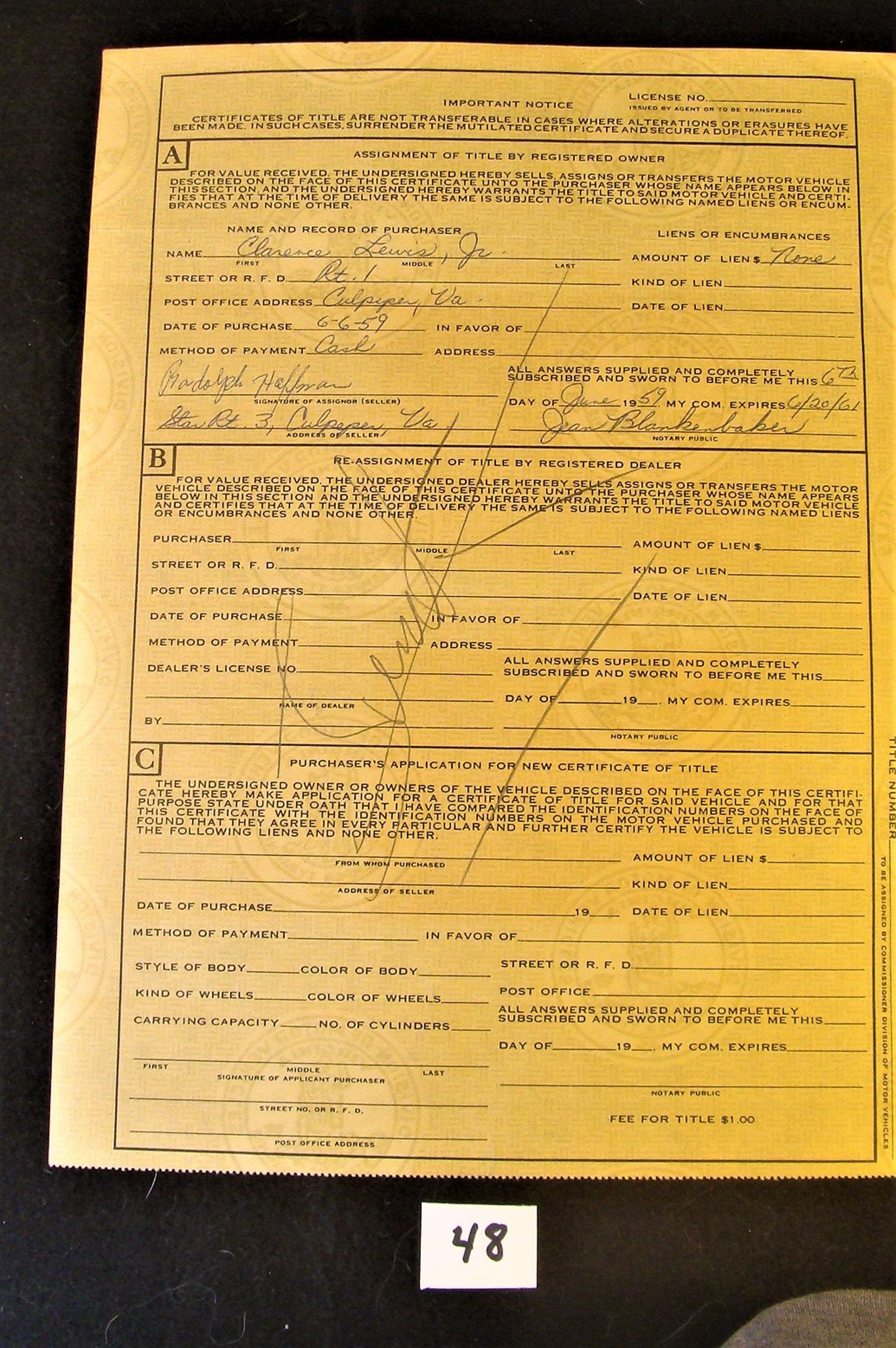 Here is a Vintage Historical Document Auto Car Title Virginia 1951-52 ...