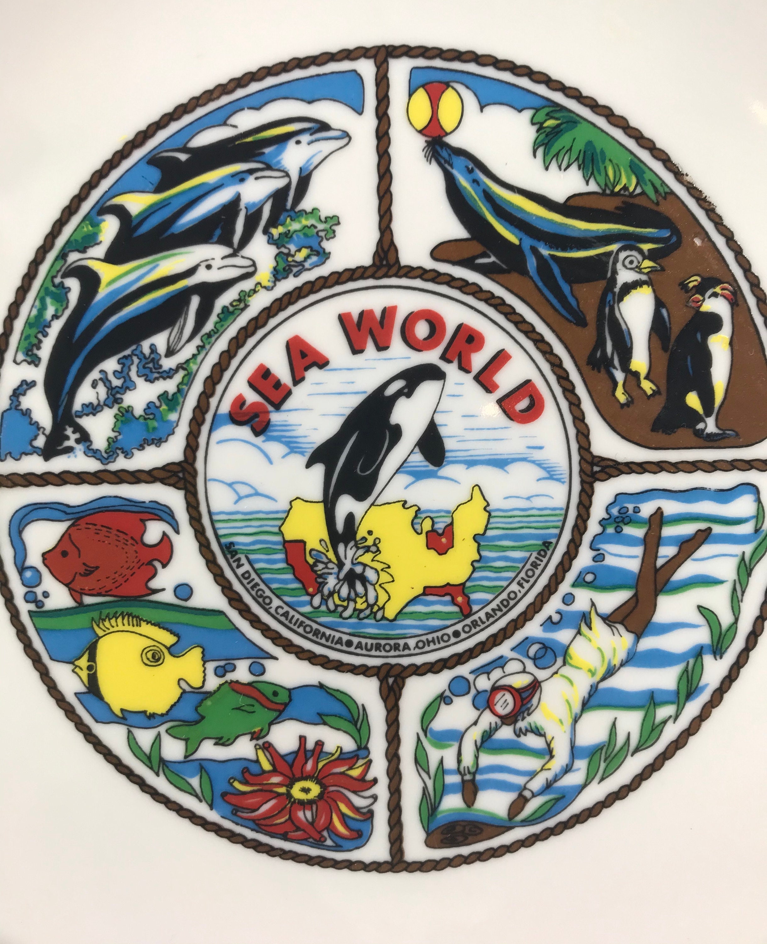 Vtg Sea World Souvenir Plate Multicolor Transferware Various Scenes ...