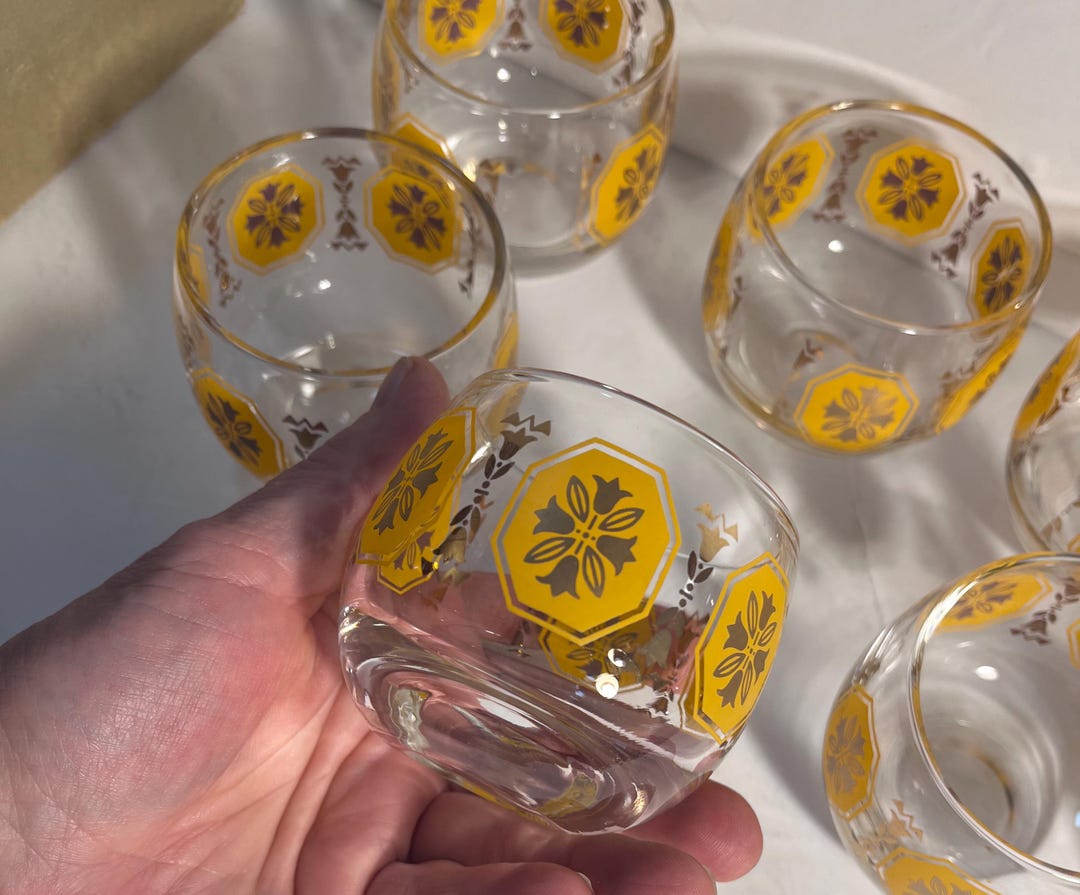 VTG MCM Federal Glass Roly Poly Glasses Set 8 Original Box Gold Floral ...