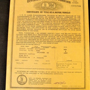 Here is a Vintage Historical Document Auto Car Title Virginia 1951-52 ...