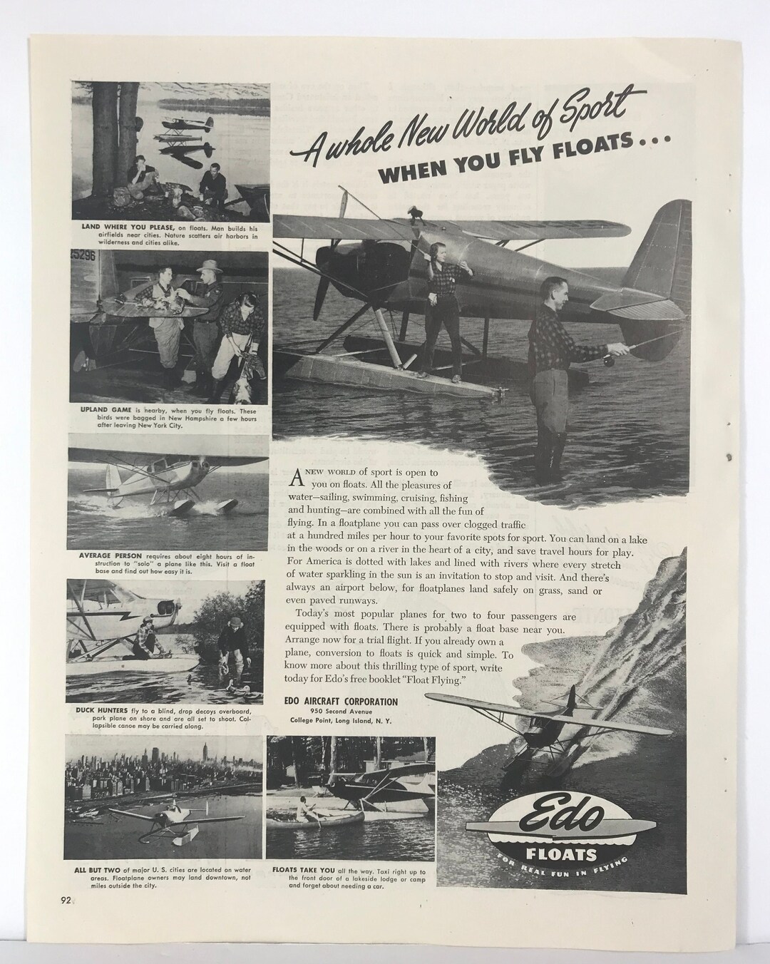 Vintage 1947 Edo Aircraft Corporation Floats Print Ad Floatplane Flying ...