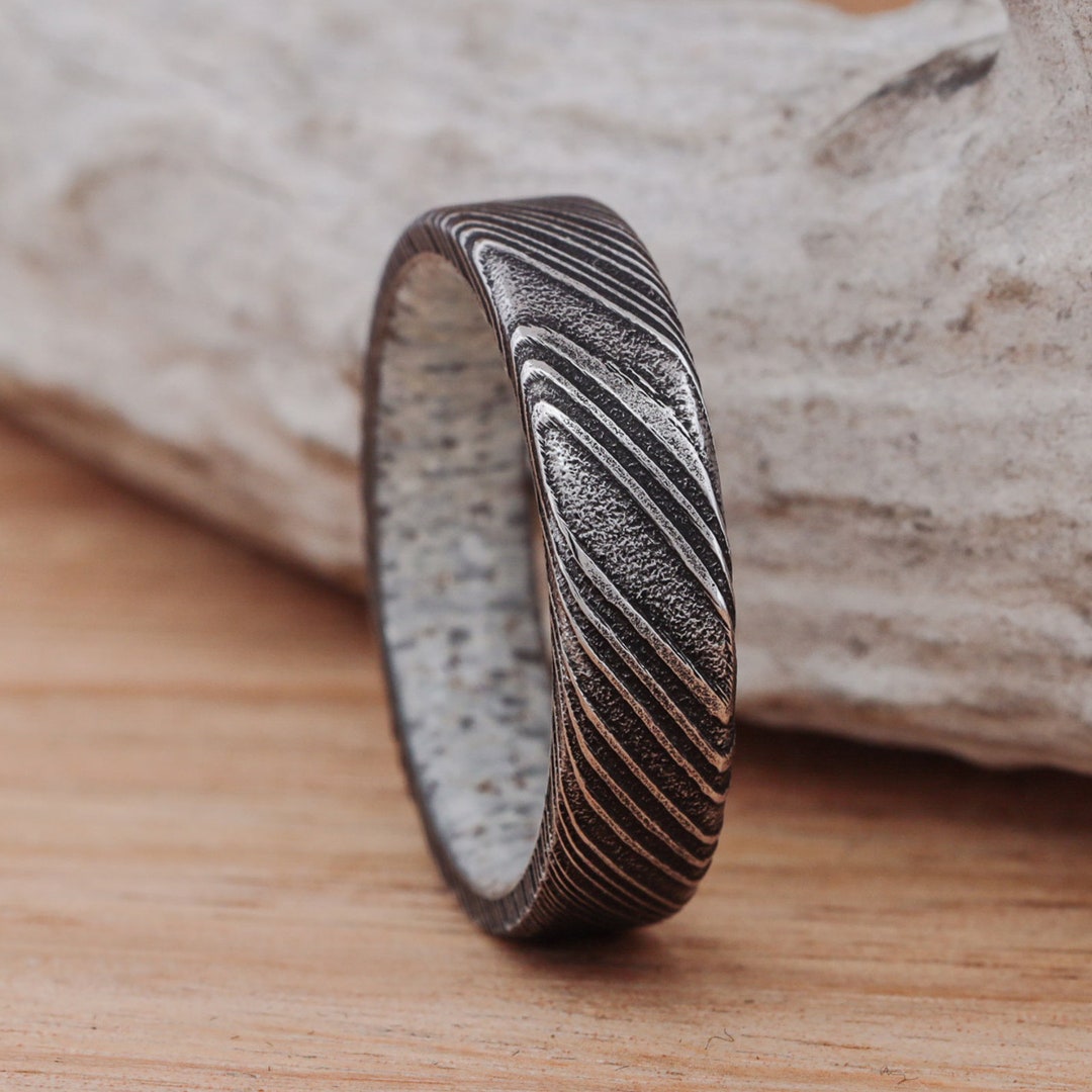 Dark Damascus Steel, Elk Antler Inlay - Stone Forge Studios - Etsy