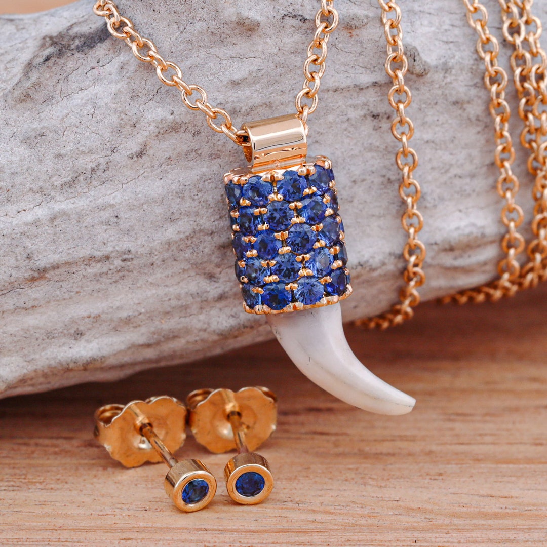 14k Gold Dog Tooth Pendant With Pave Set Blue Sapphire Accents - Etsy
