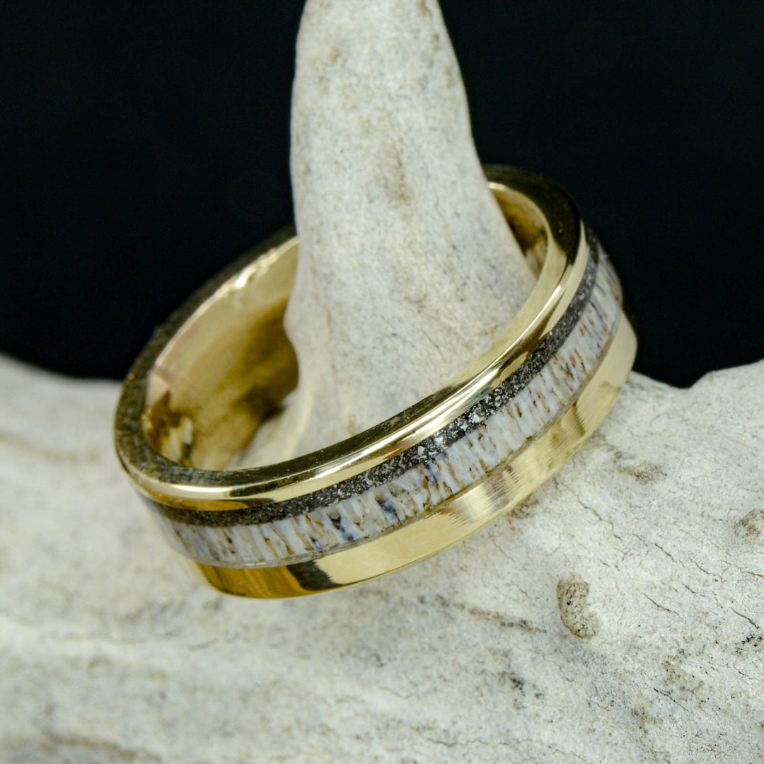 Yellow Gold & Offset Elk Antler and Meteorite Inlays - Stone Forge ...