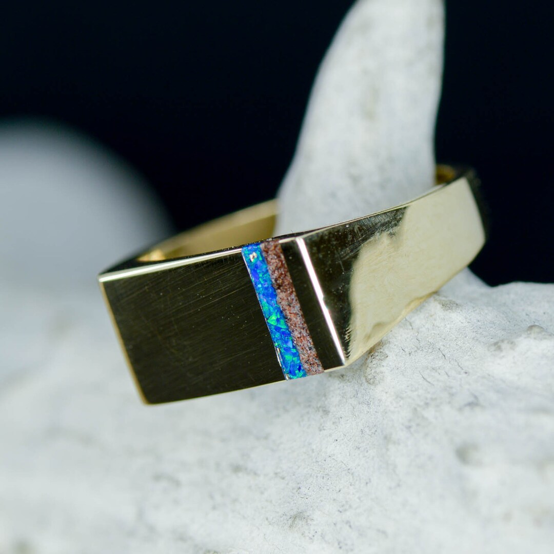 Gold Signet Ring With Offset Blue & Red Opal Inlays - Stone Forge ...