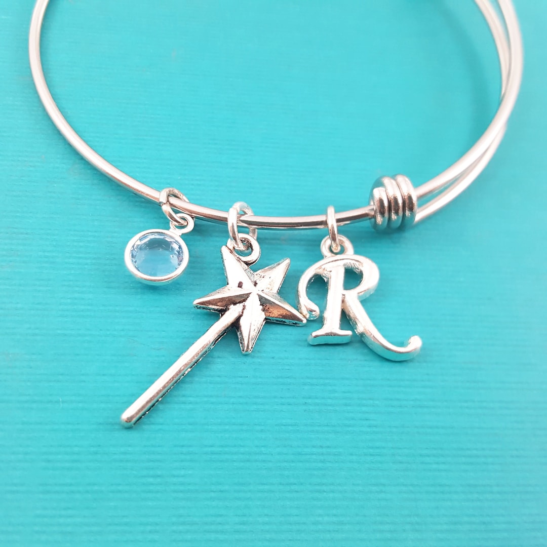Magic Wand Charm - Silver Adjustable Bangle - Personalized Bangle ...