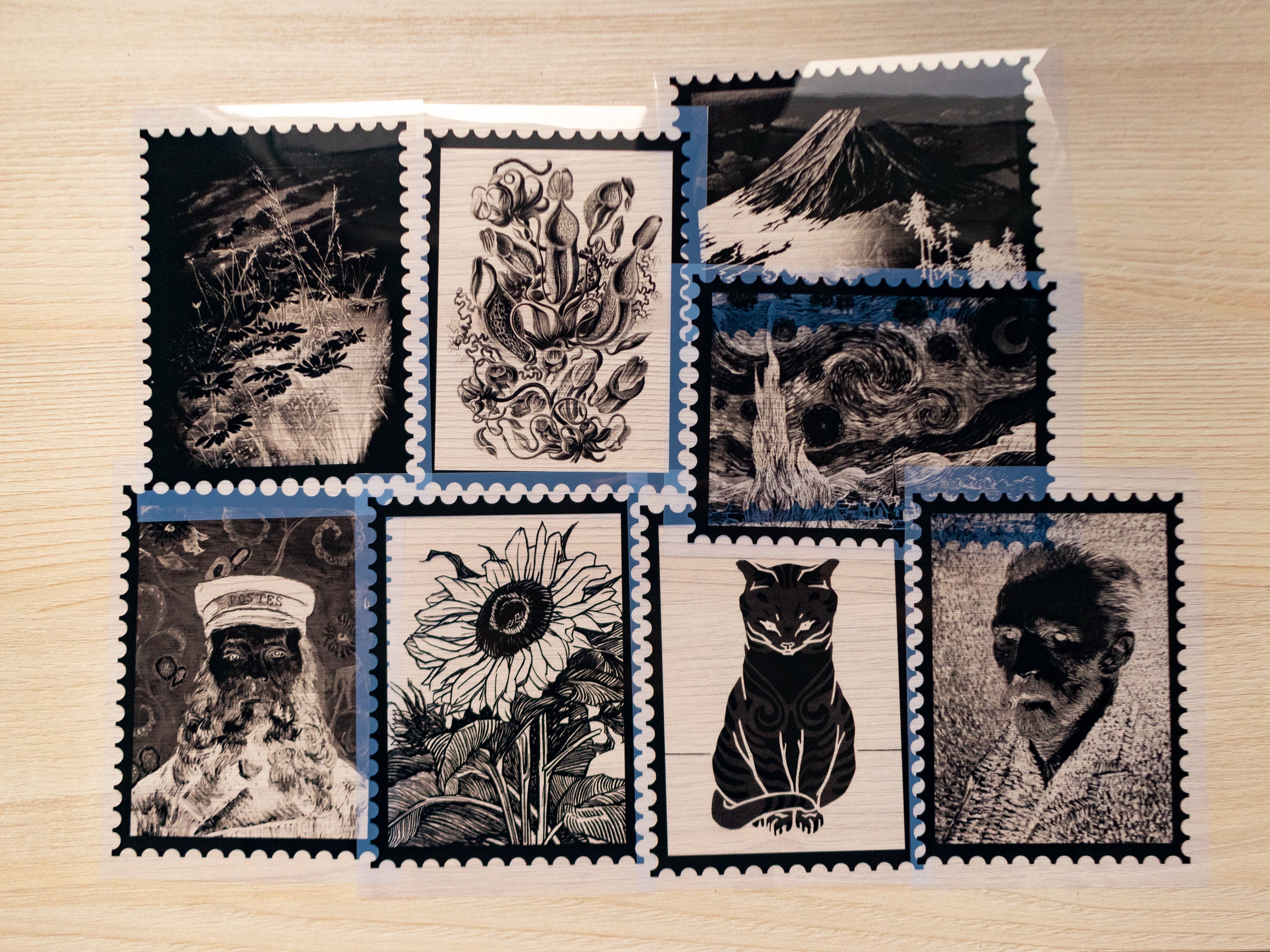 Cat & Van Gogh Postal Stamp Cyanotype Stencils | Vintage Art Sun Print ...