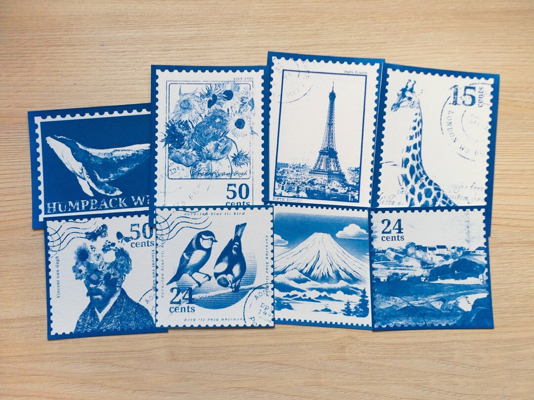 Postal Stamp Cyanotype Stencils | Whale, Van Gogh, Eiffel Sun Print ...