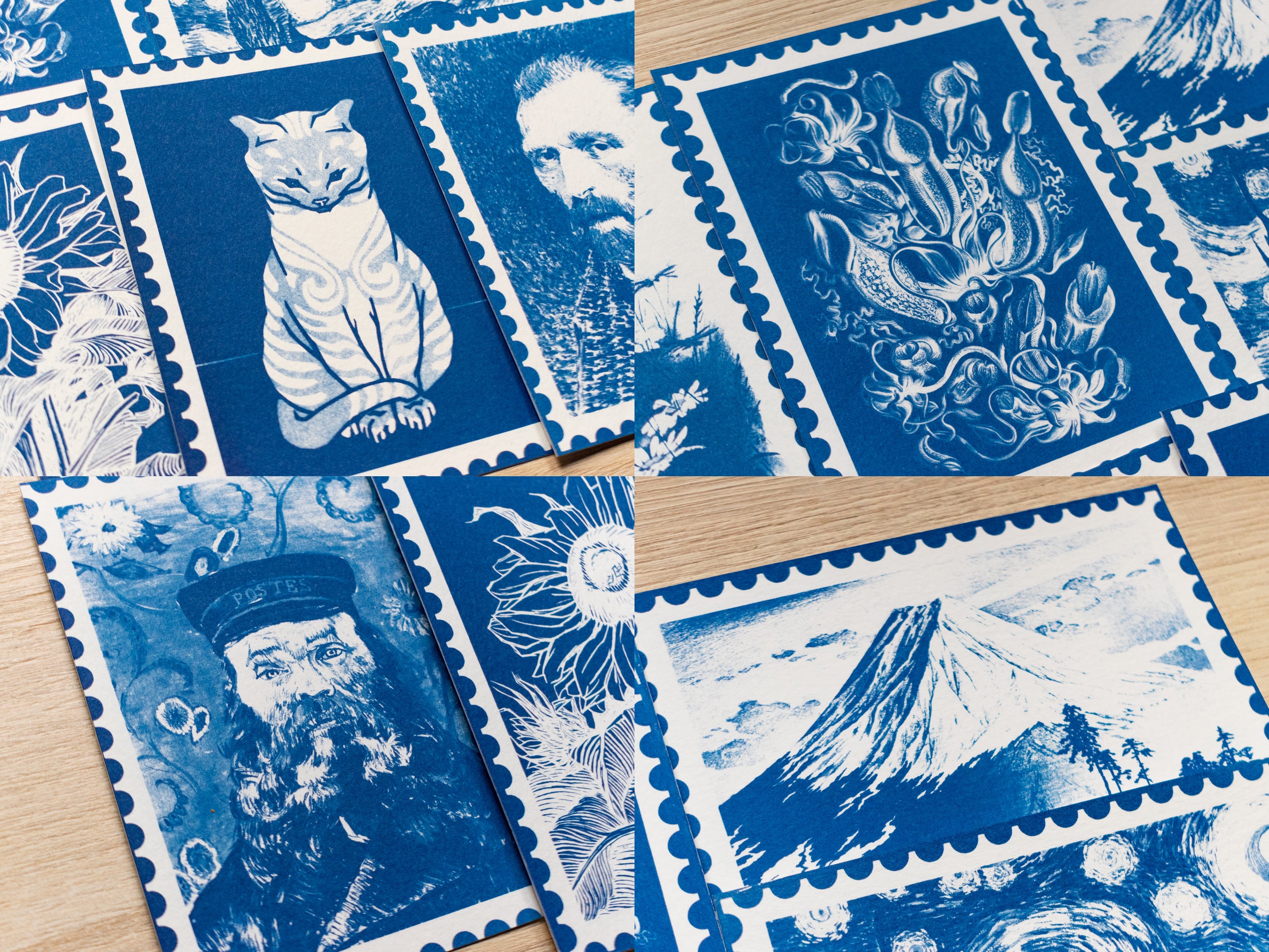 Cat & Van Gogh Postal Stamp Cyanotype Stencils | Vintage Art Sun Print ...