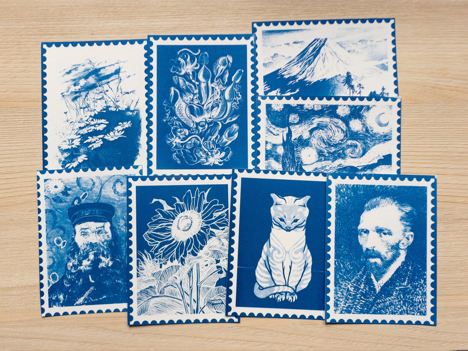 Cat & Van Gogh Postal Stamp Cyanotype Stencils | Vintage Art Sun Print ...