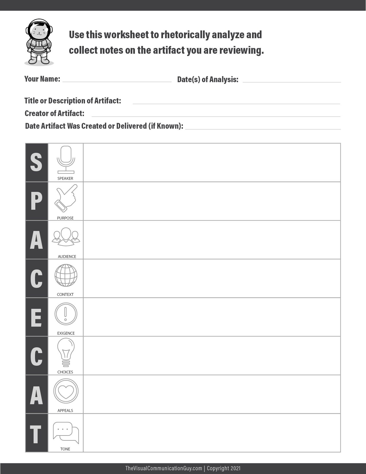 SPACECAT Strategy for Rhetorical Analysis Worksheet 8-1/2 X 11" Files ...