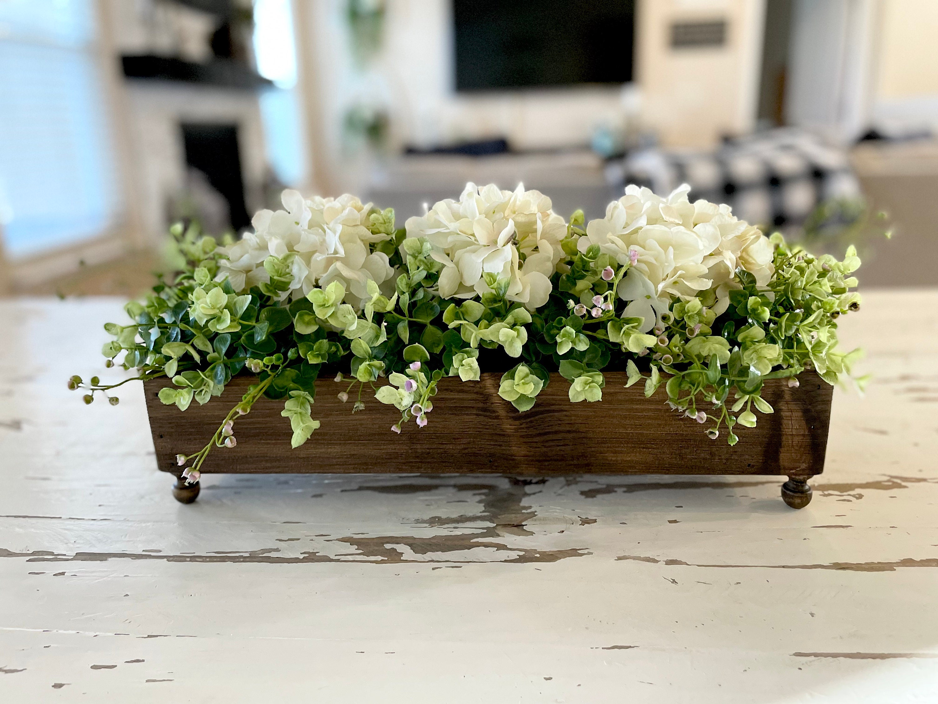 Dining Room Table Centerpiece Wood Riser Tray With Florals Rustic Kitchen Island Centerpiece Hydrangea Floral Arrangement TV Console Etsy