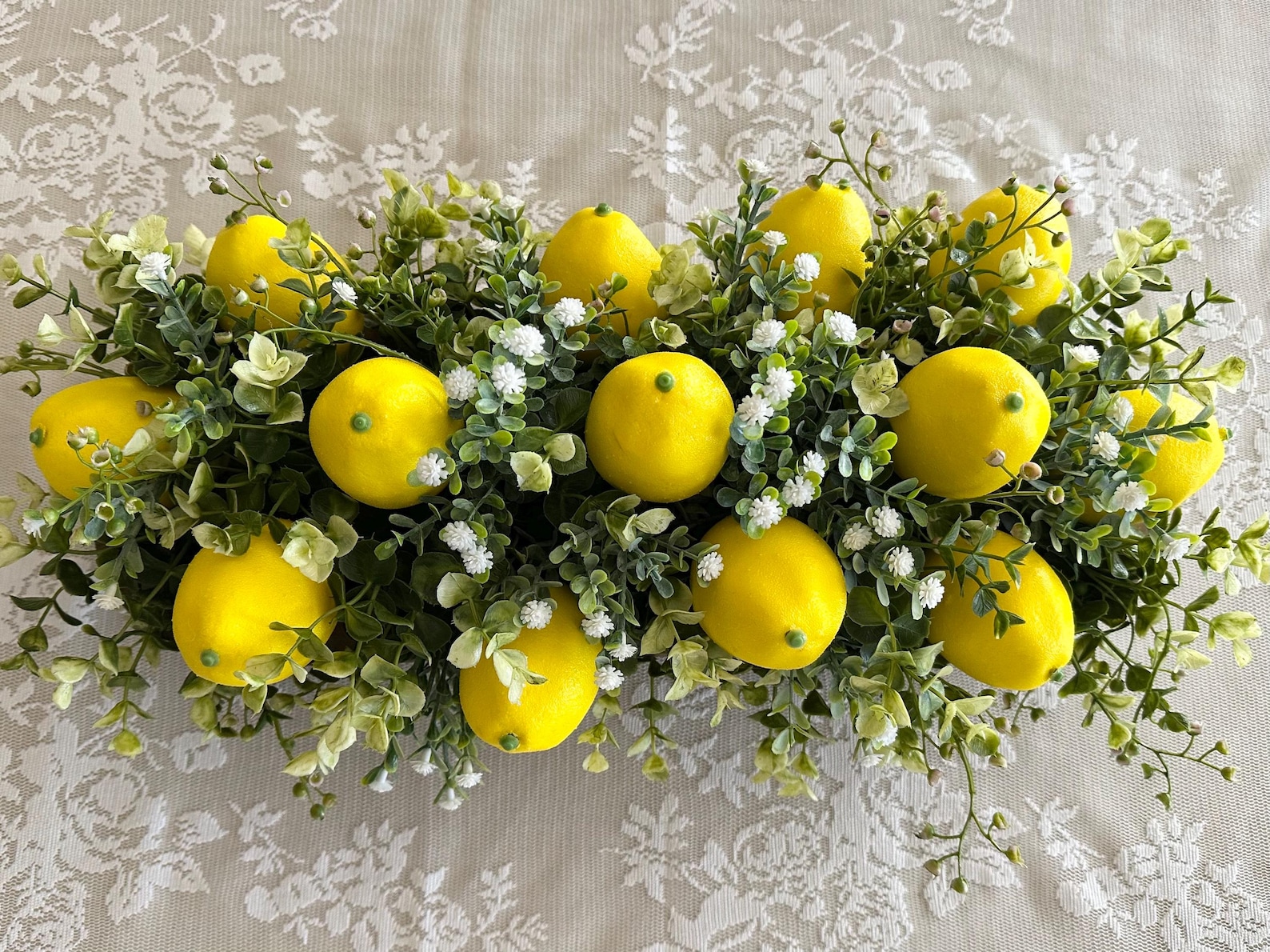 Lemon Centerpiece in Dough Bowl | Faux Lemon & Greenery Arrangement ...
