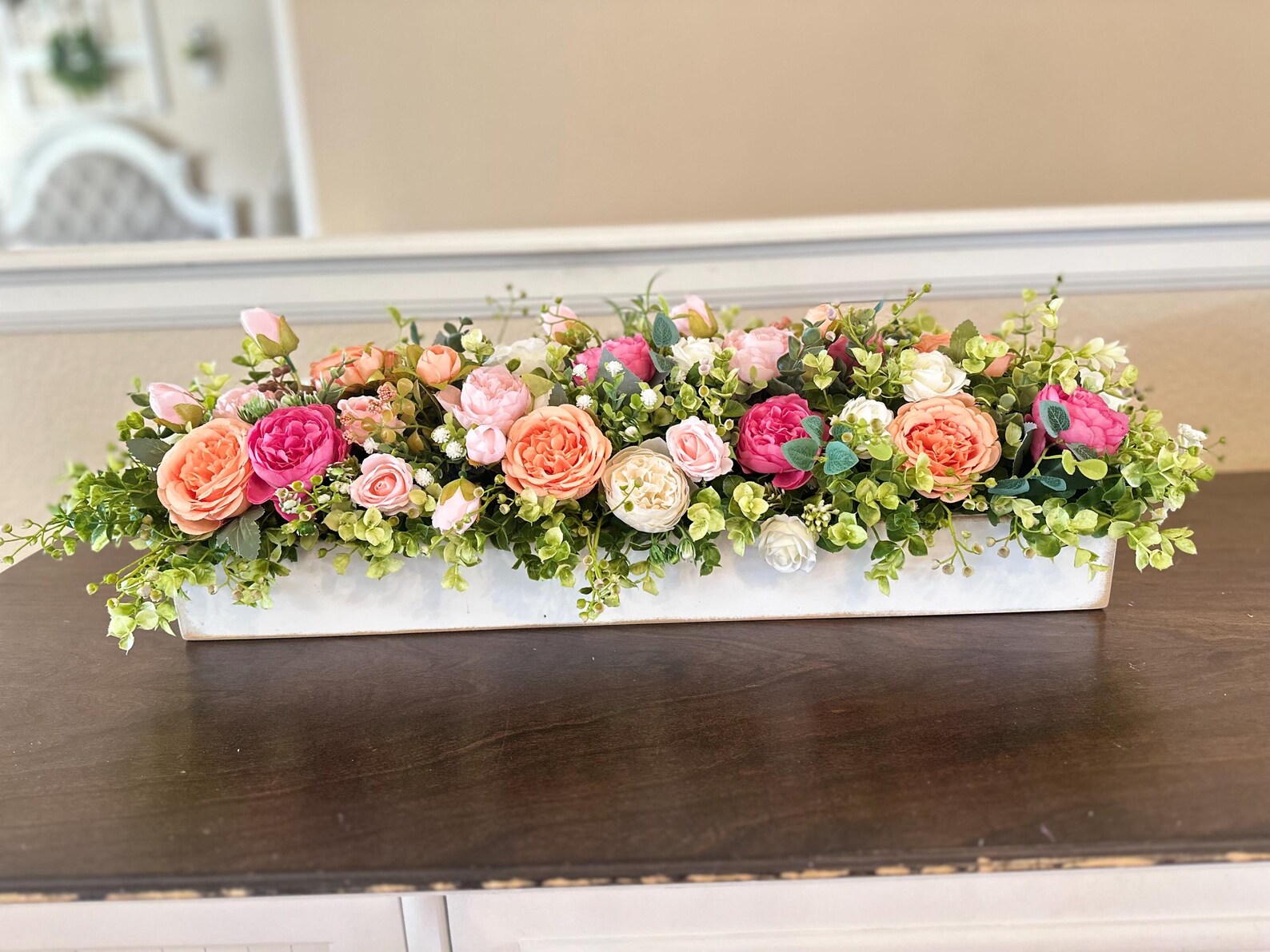 Farmhouse Planter Box Centerpiece With Greenery, Rustic Table ...