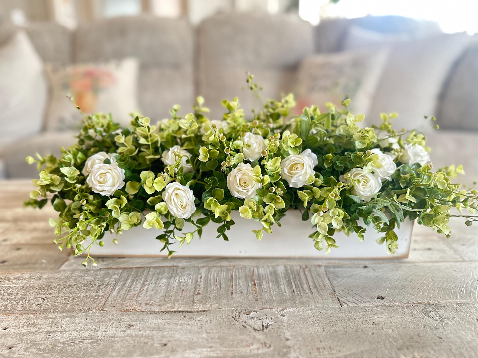 Farmhouse Planter Box Centerpiece With Greenery, Rustic Table ...