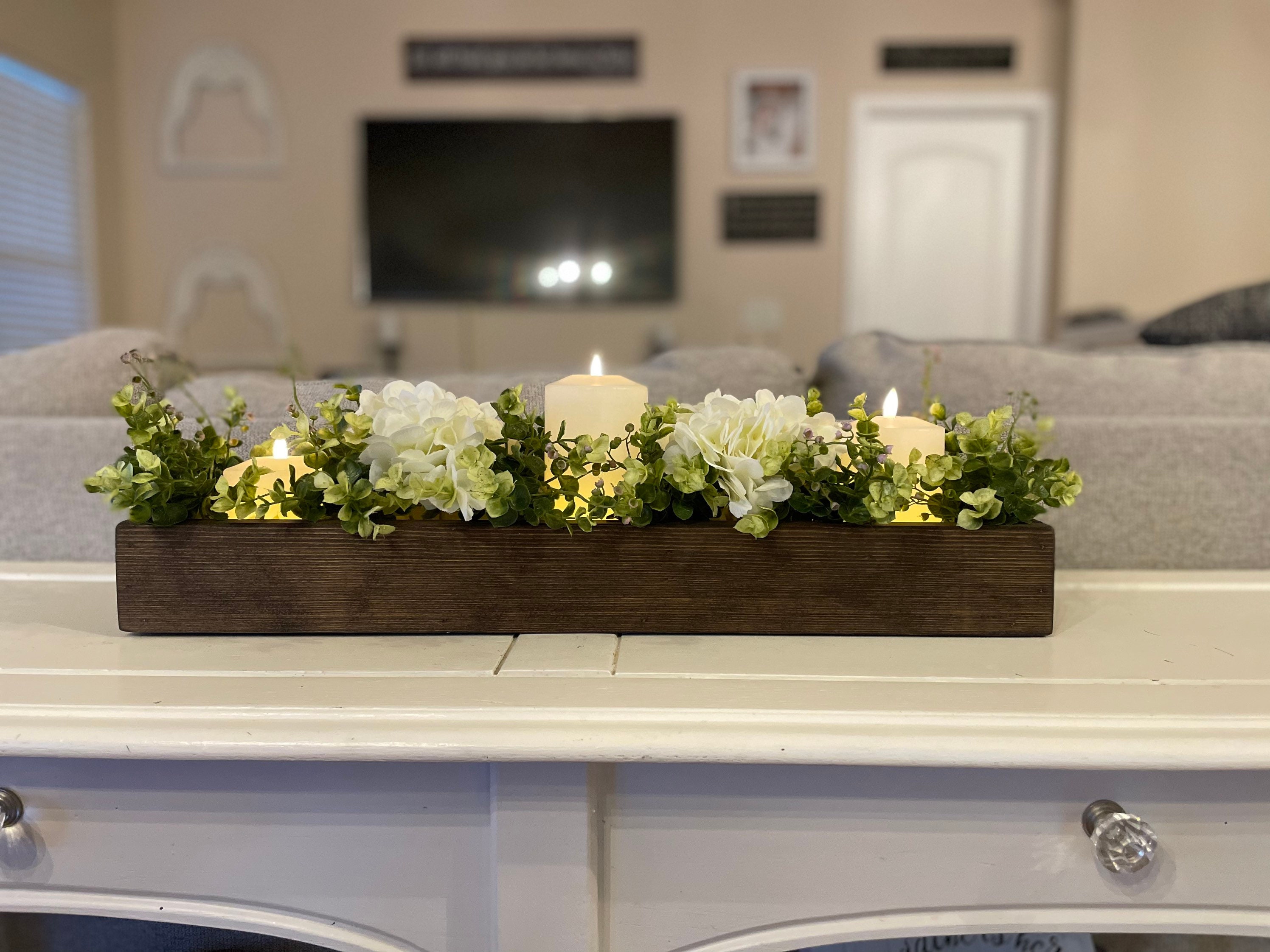 Candle Centerpiece Dining Room Table Kitchen Island Fireplace Mantle 24 Long Remote Candle Holder Tray Greenery Hydrangeas Etsy