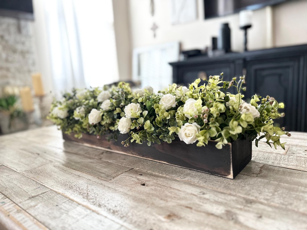 Farmhouse Planter Box Centerpiece With Greenery, Rustic Table ...