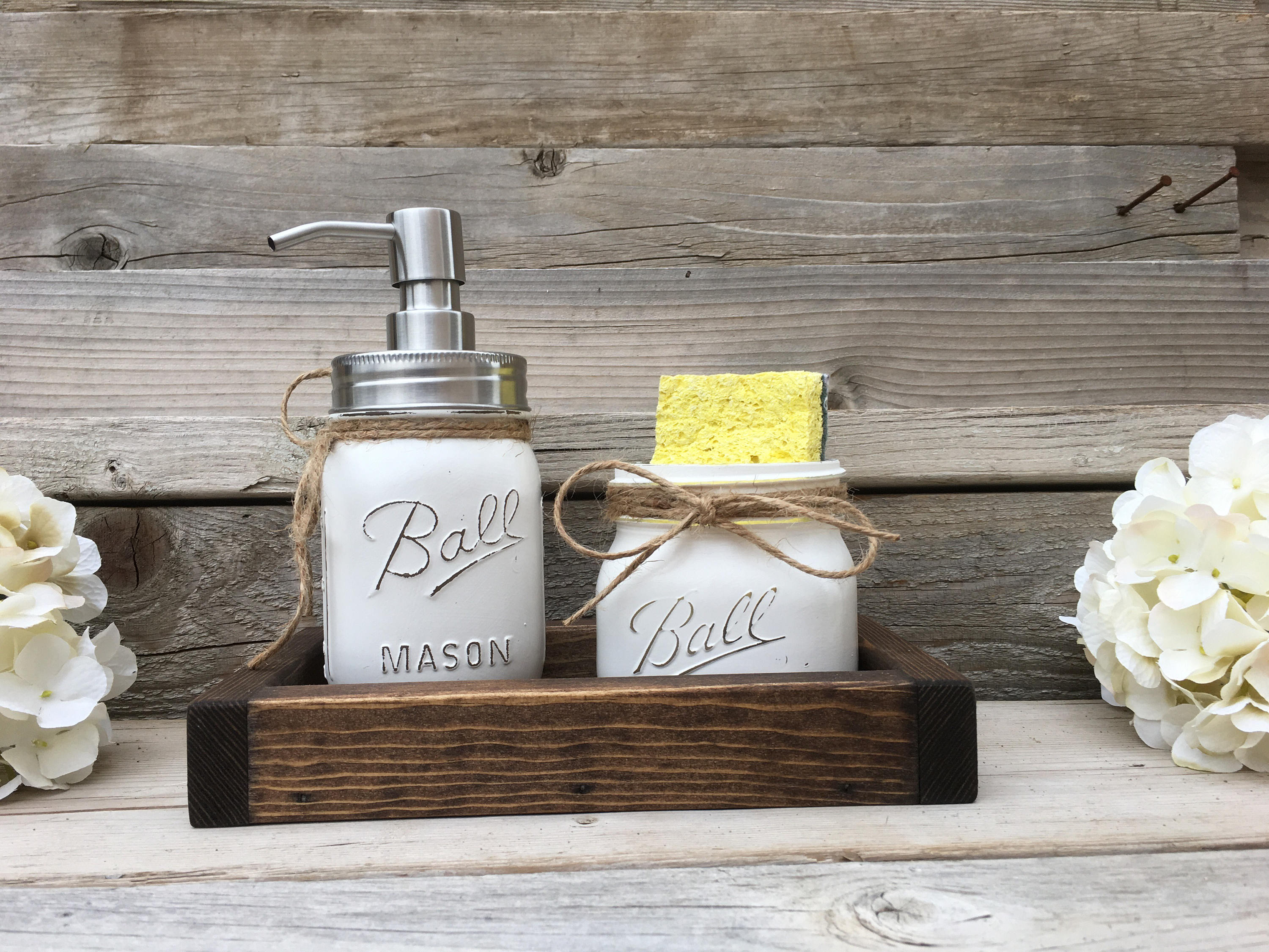 Painted Mason Jar Kitchen Set: Farmhouse Soap Dispenser & Sponge Holder ...
