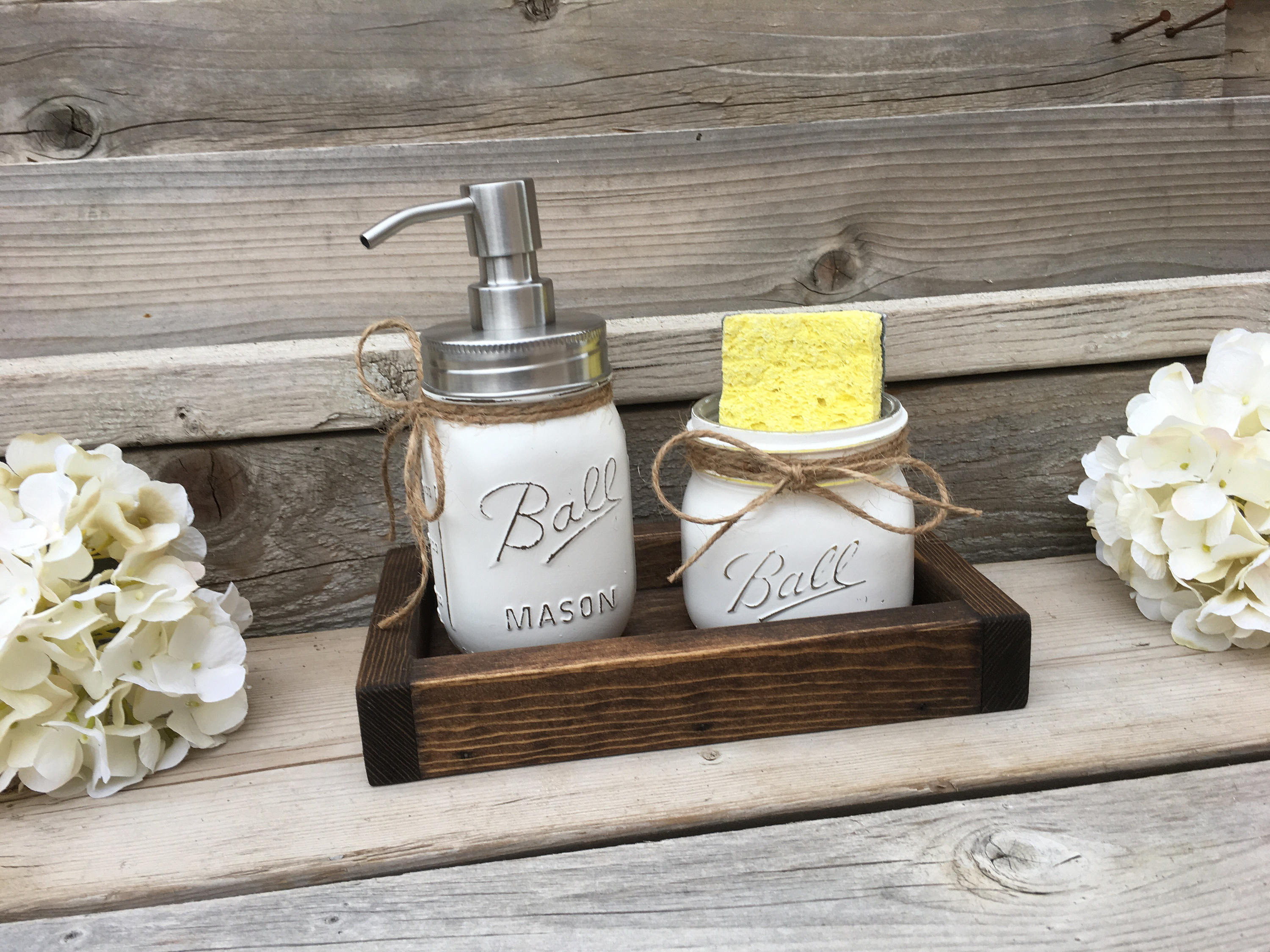 Painted Mason Jar Kitchen Set: Farmhouse Soap Dispenser & Sponge Holder ...