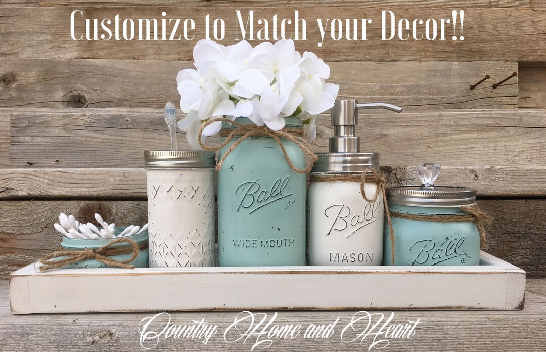 Blue 5 Piece Mason Jar Bathroom Set With Tray, Bathroom Decor, Bathroom ...